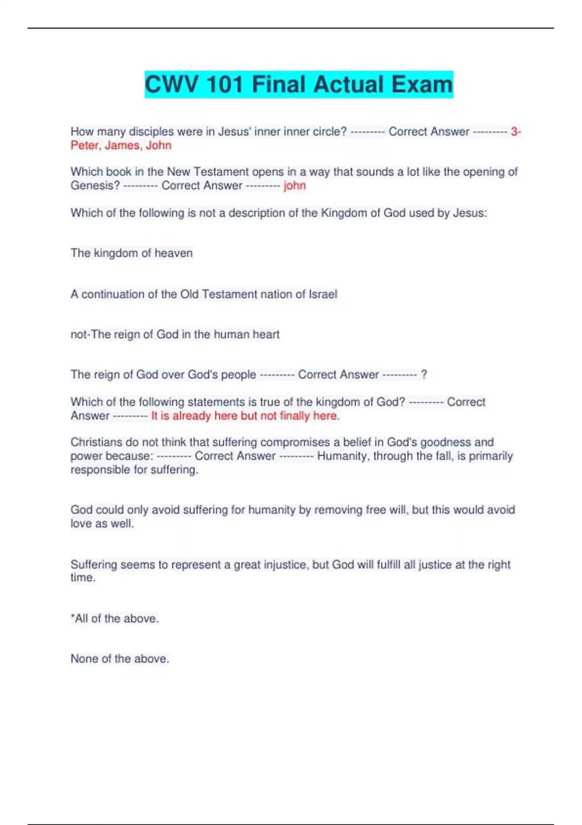 CWV 101 Final Exam Bundle/ Package deal updated - Stuvia US