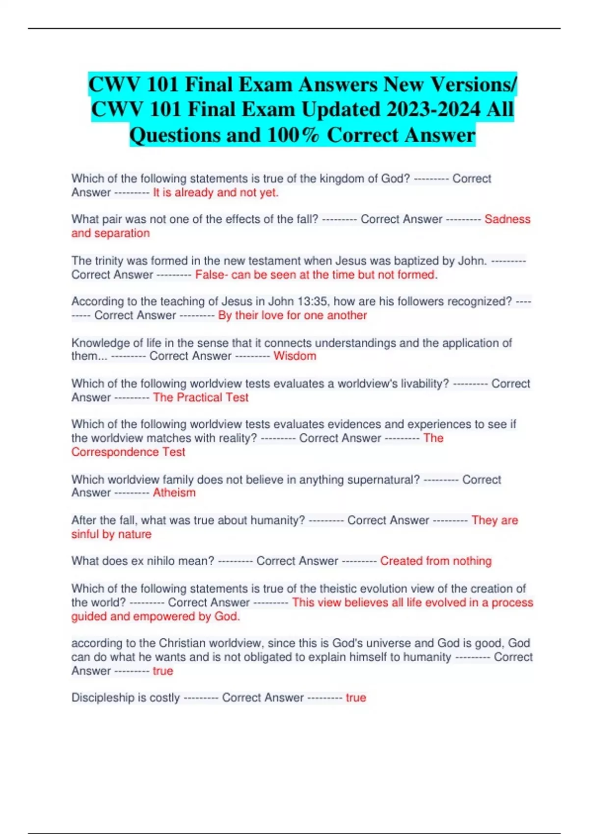 CWV 101 Final Exam Answers New Versions/ CWV 101 Final Exam Updated All ...