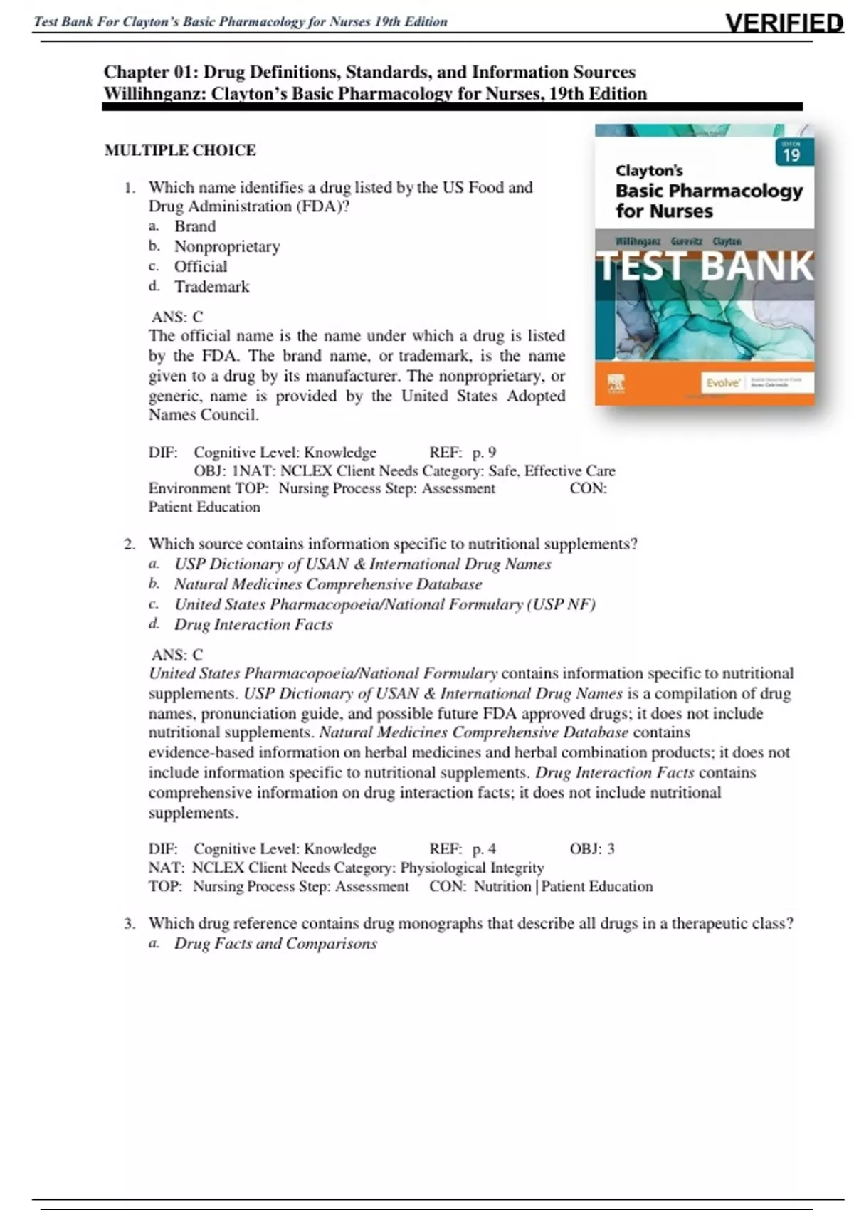 Test Bank For Clayton’s Basic Pharmacology for Nurses 19th Edition By ...