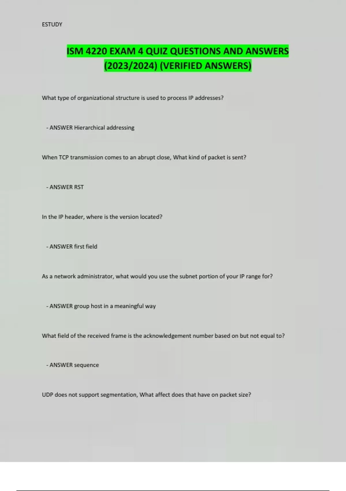 ISM 4220 EXAM 4 QUIZ QUESTIONS AND ANSWERS (2023/2024) (VERIFIED ...