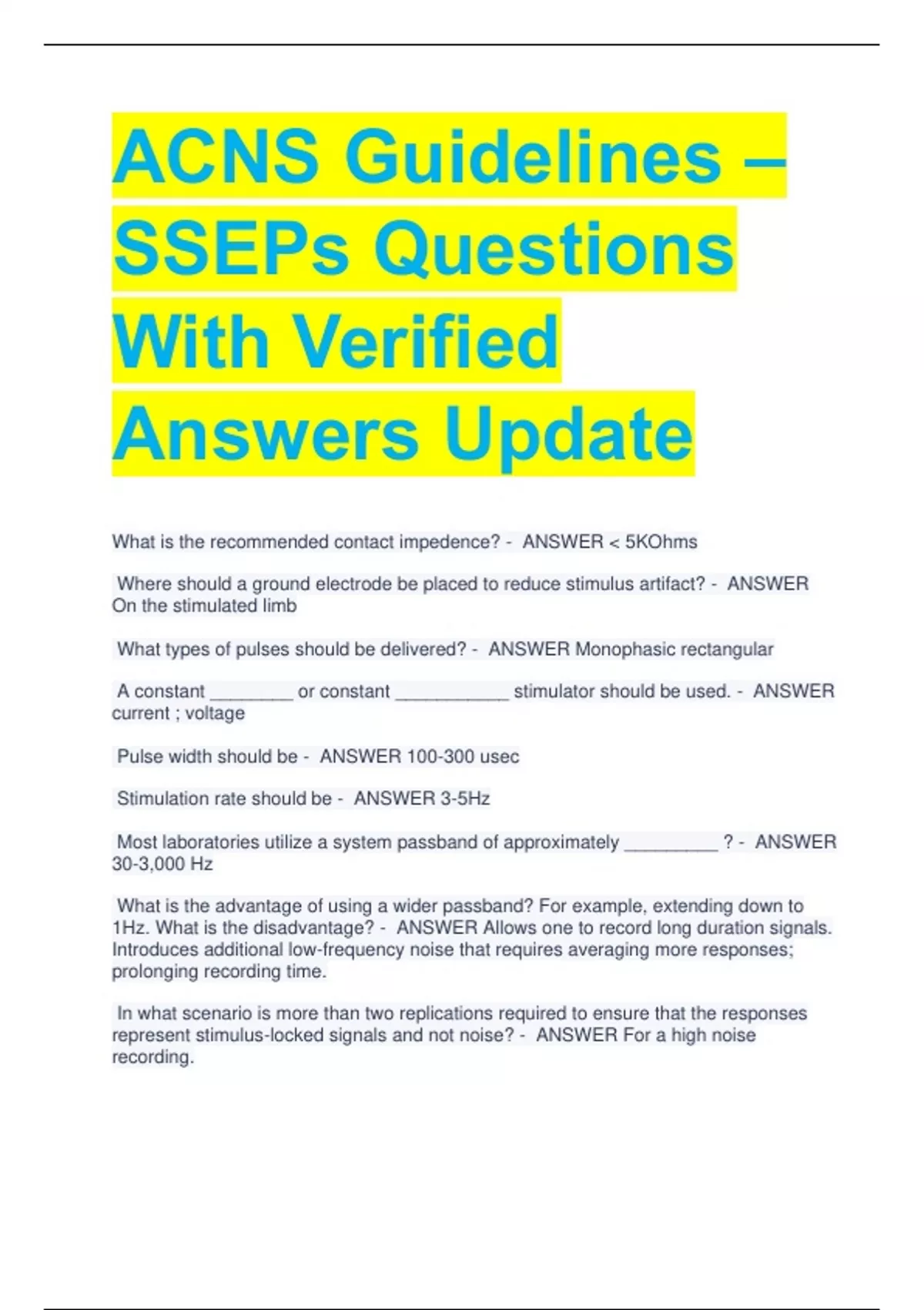 ACNS Guidelines – SSEPs Questions With Verified Answers Update - EEG - Stuvia US