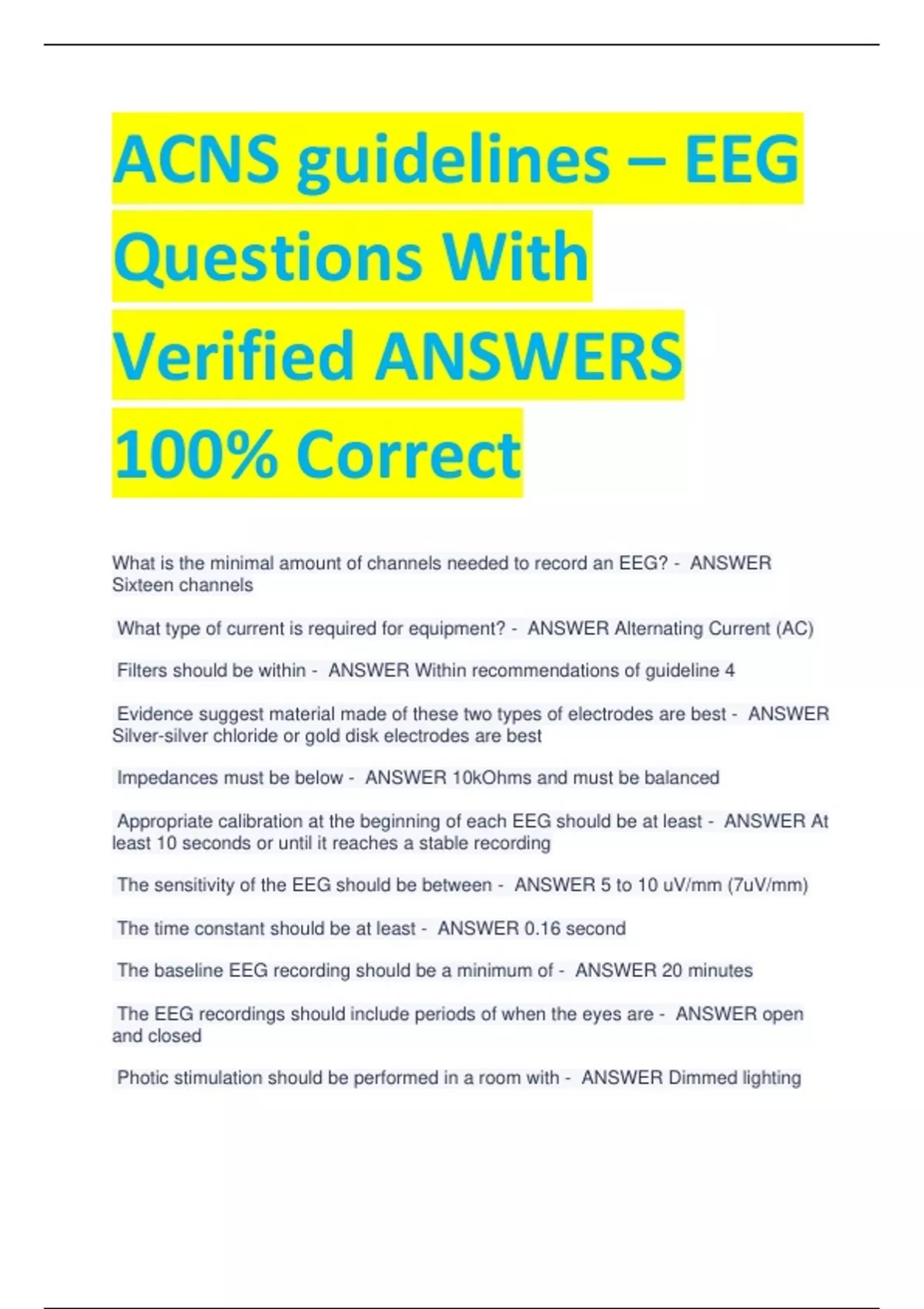 ACNS guidelines – EEG Questions With Verified ANSWERS 100% Correct ...