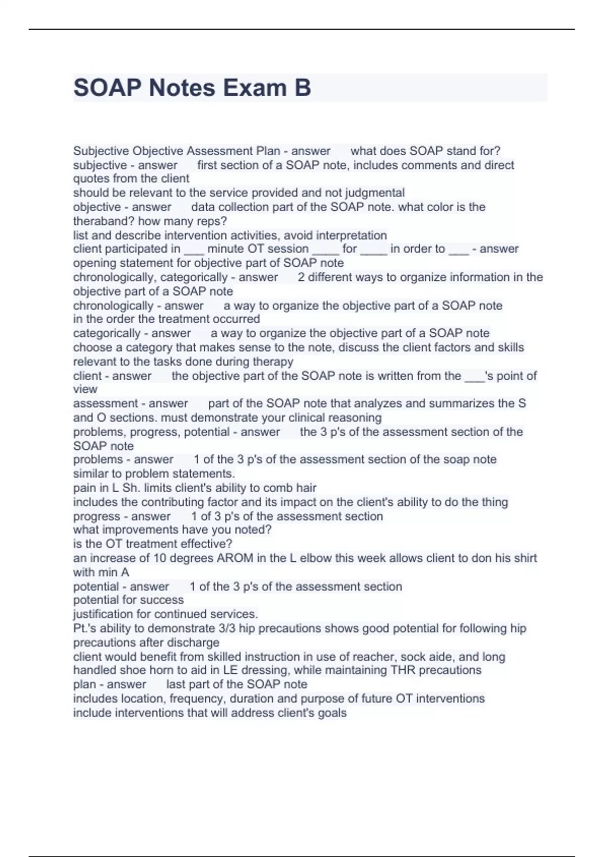 SOAP Notes Exam B Questions with correct Answers - SOAP - Stuvia US