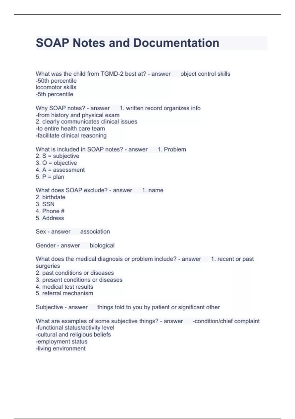 SOAP Notes and Documentation Questions with correct Answers - SOAP ...