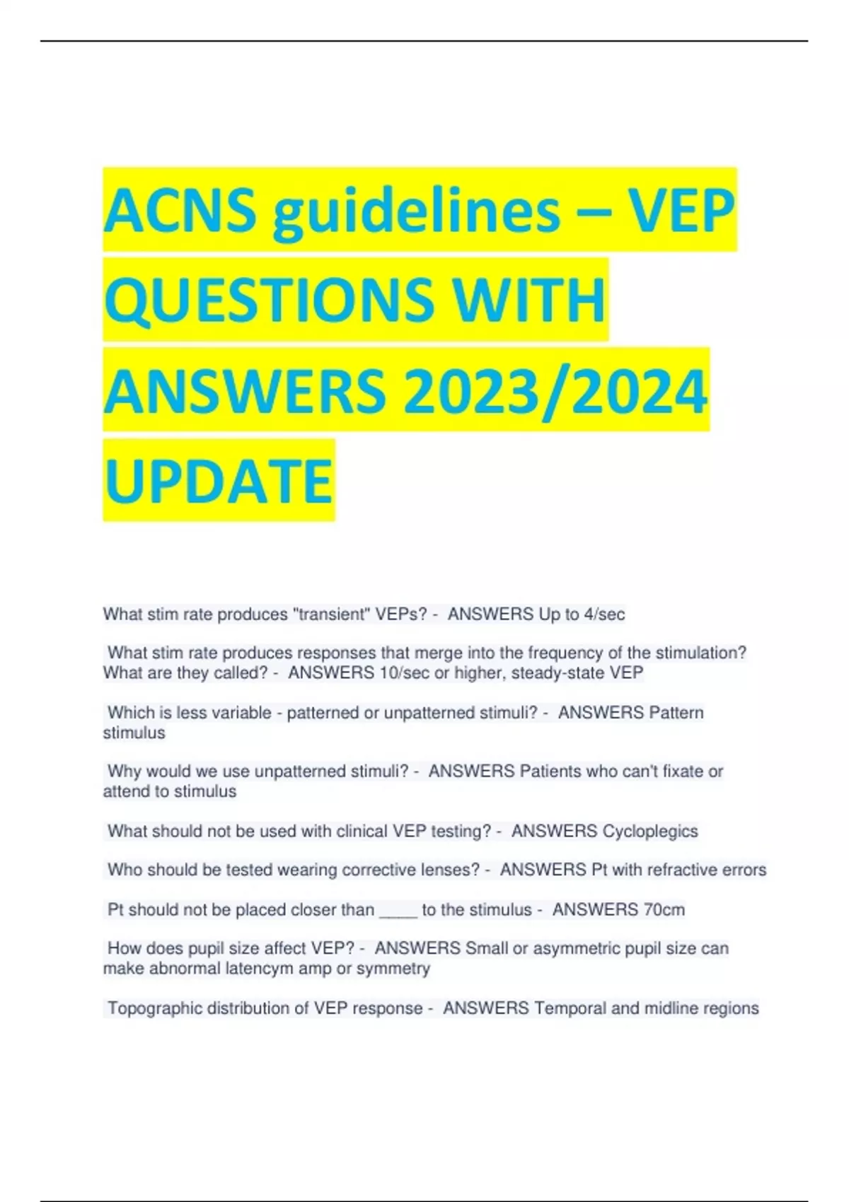 ACNS guidelines – VEP QUESTIONS WITH ANSWERS 2023/2024 UPDATE - EEG ...