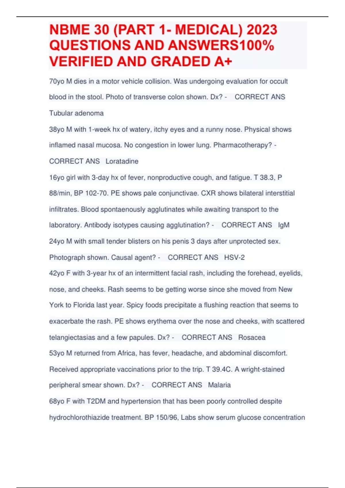 NBME 30 (PART 1- MEDICAL) 2023 QUESTIONS AND ANSWERS100% VERIFIED AND ...