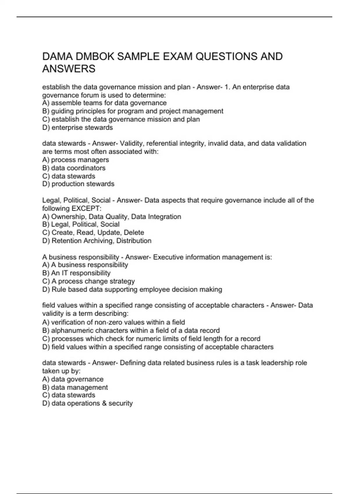 Dama DMbok Sample exam questions - Dama DMbok - Stuvia US