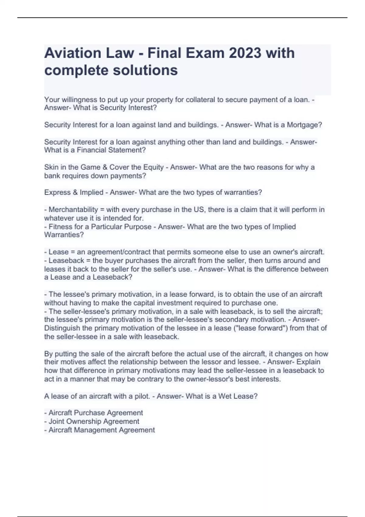 Aviation Law - Final Exam 2023 with complete solutions - Aviation Law ...