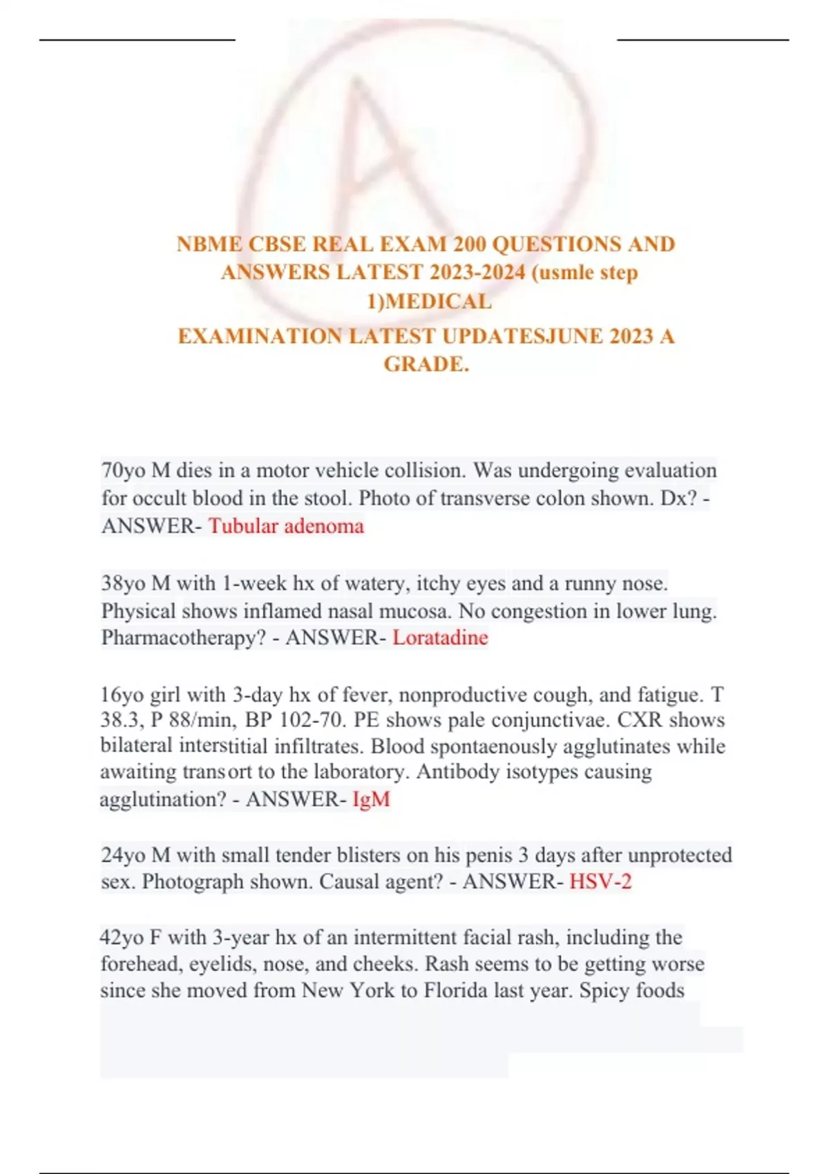 NBME CBSE REAL EXAM 200 QUESTIONS AND ANSWERS LATEST (usmle step 1 ...