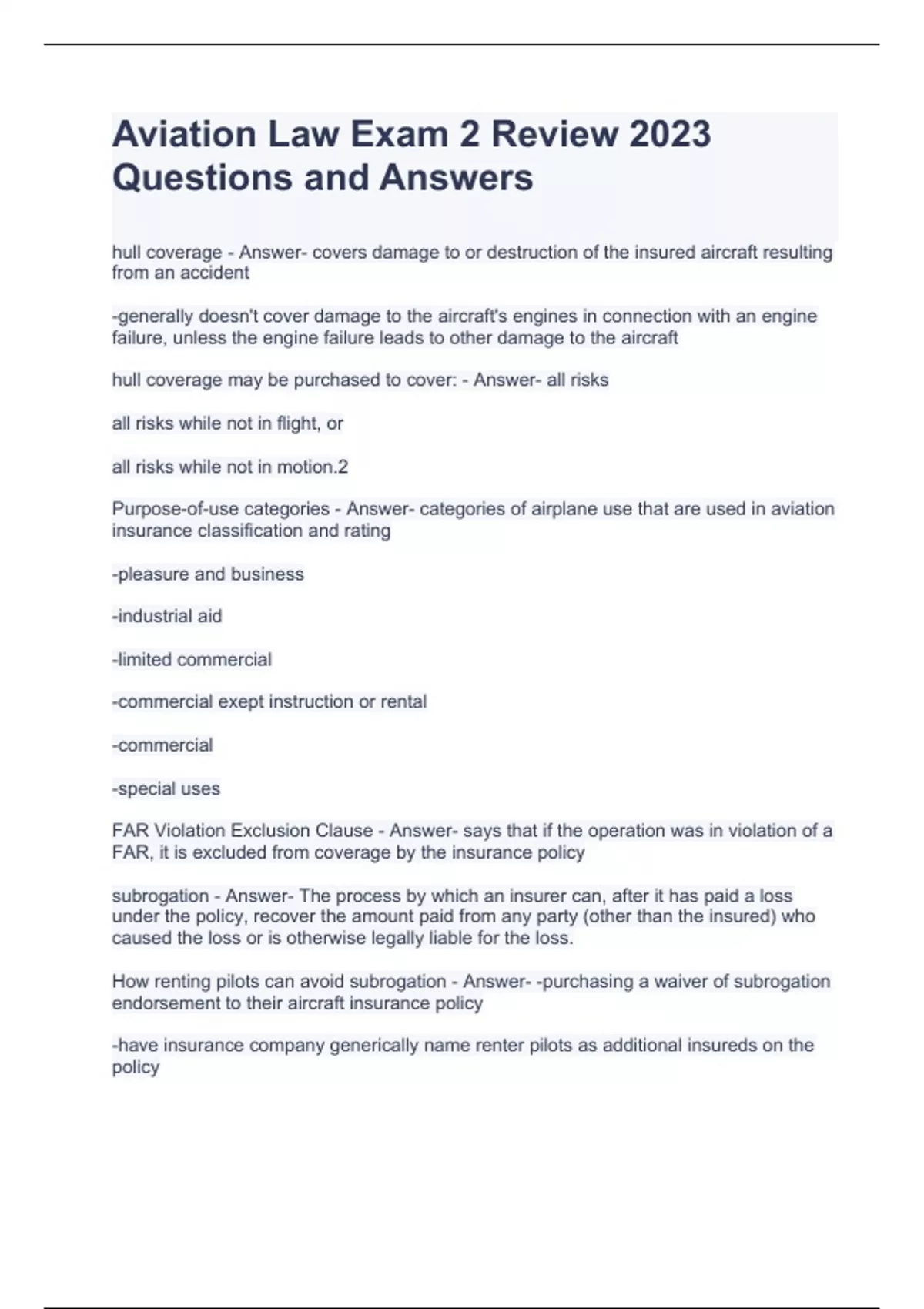 Aviation Law Exam 2 Review 2023 Questions and Answers - Aviation Law ...