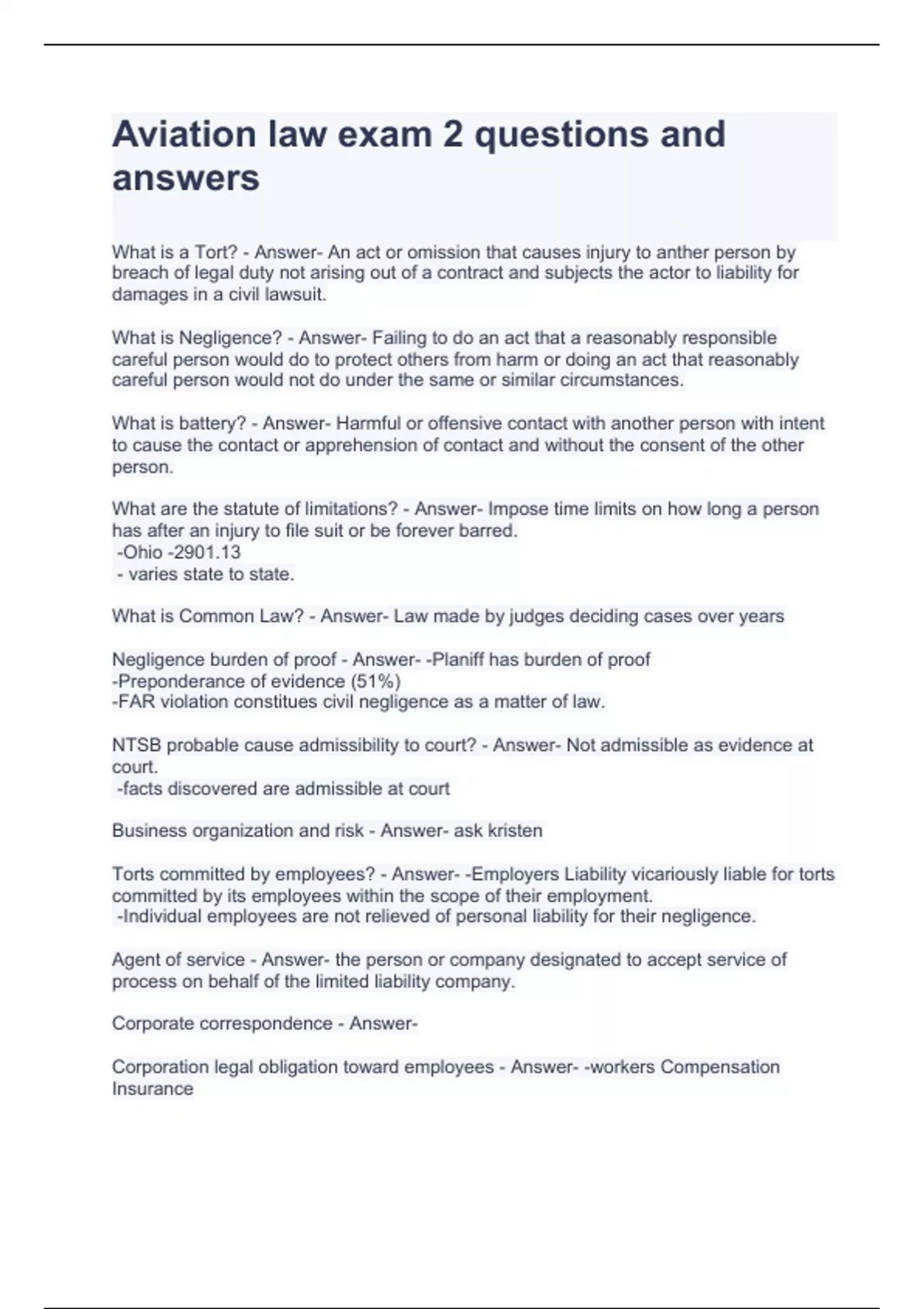 Aviation law exam 2 questions and answers - Aviation law - Stuvia US