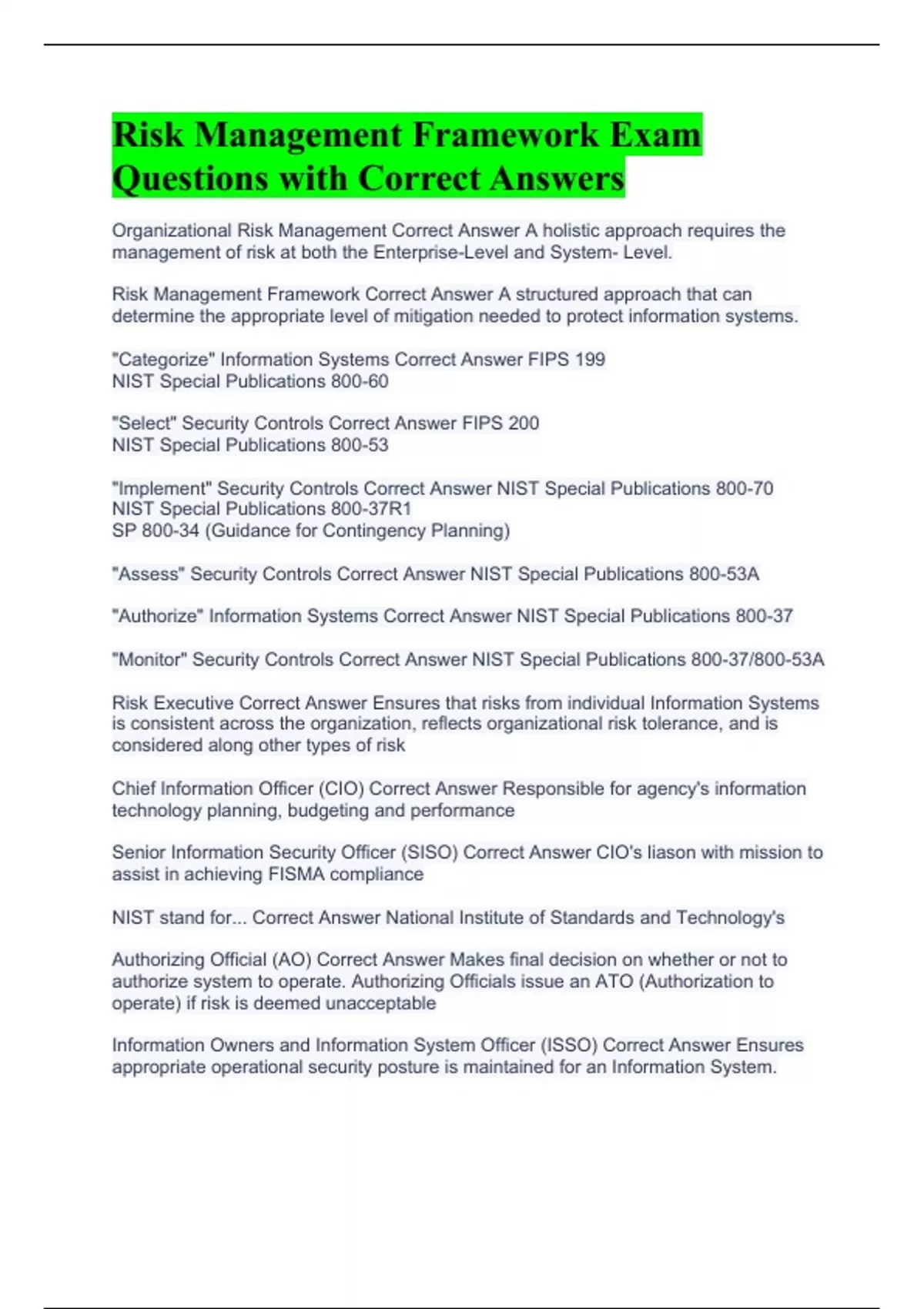 Risk Management Framework Final Exam Study Questions with Correct ...