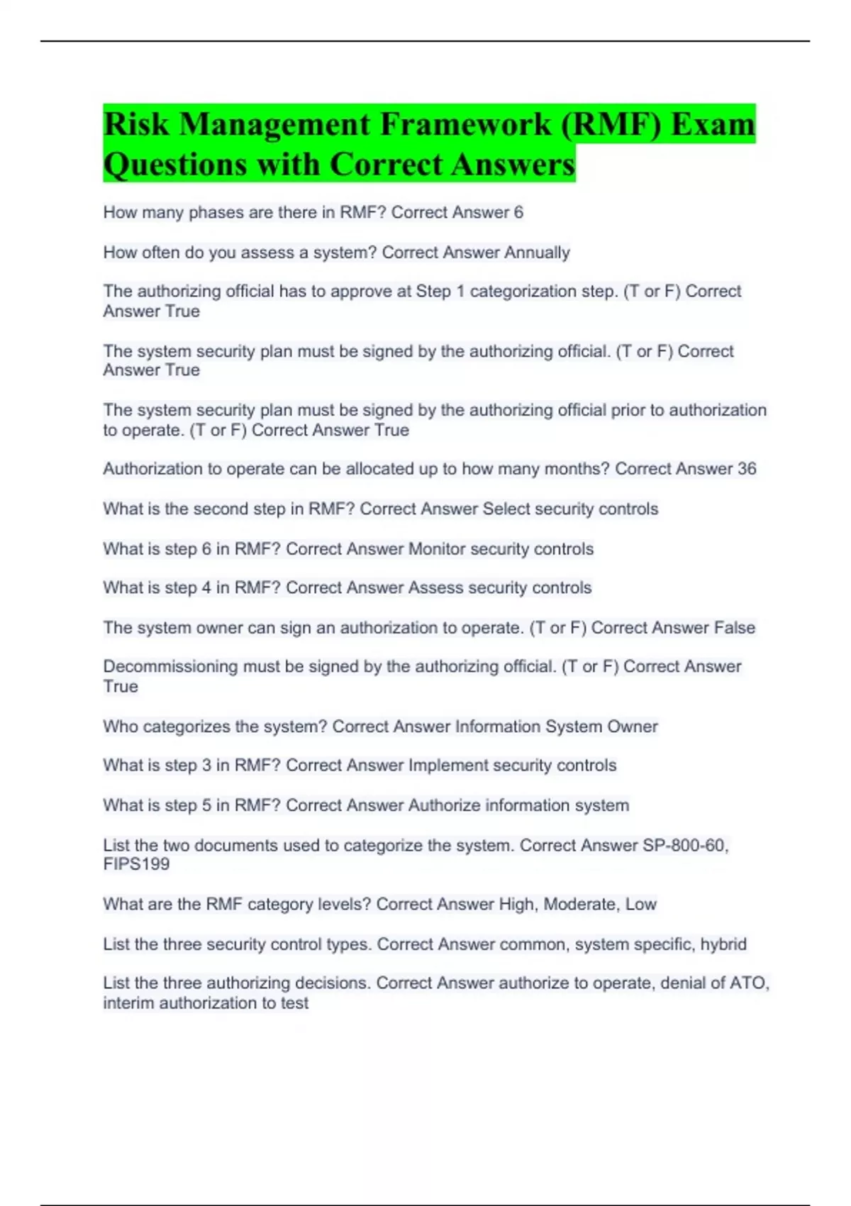 Risk Management Framework (RMF) Exam Questions with Correct Answers ...