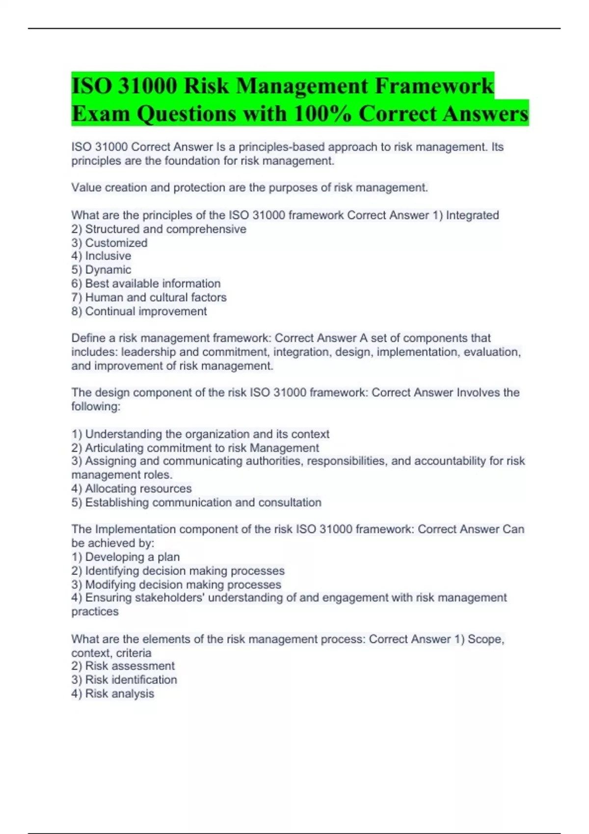 ISO 31000 Risk Management Framework Exam Questions with 100% Correct ...