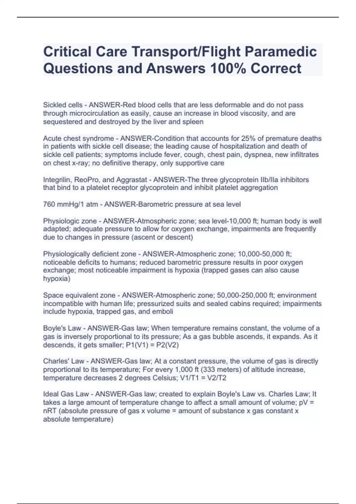 Critical Care Transport/Flight Paramedic Questions and Answers 100% ...