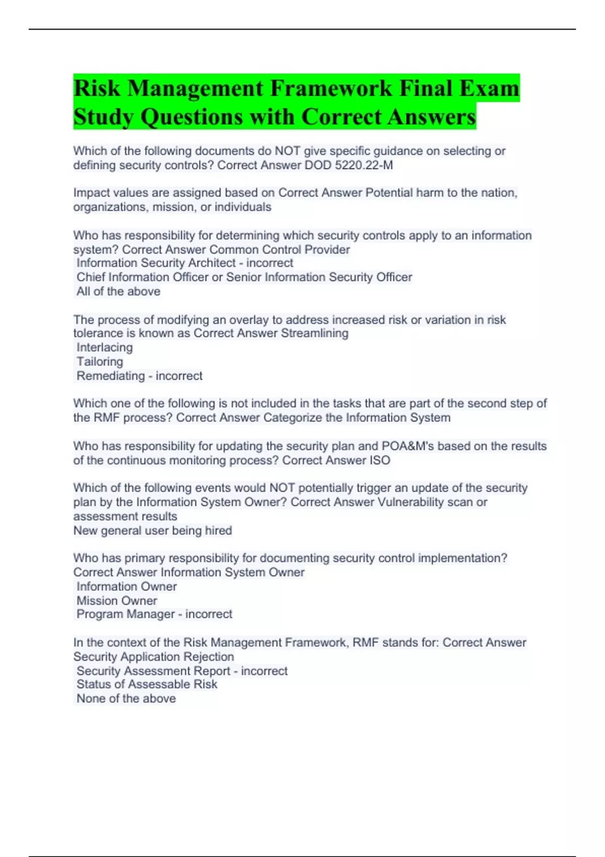 Risk Management Framework Final Exam Study Questions with Correct ...