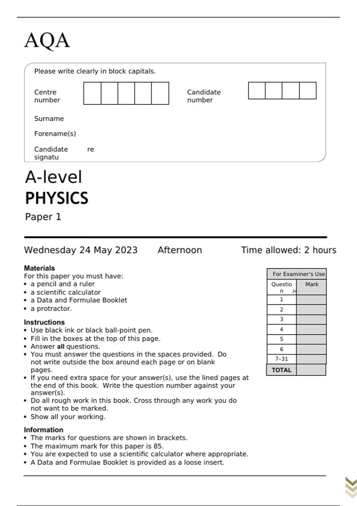 AQA A-level PHYSICS Paper 1 June 2023 - A-level PHYSICS - Stuvia UK