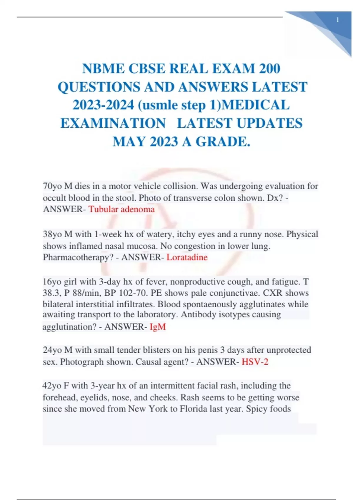 NBME CBSE REAL EXAM 200 QUESTIONS AND ANSWERS LATEST (usmle step 1 ...