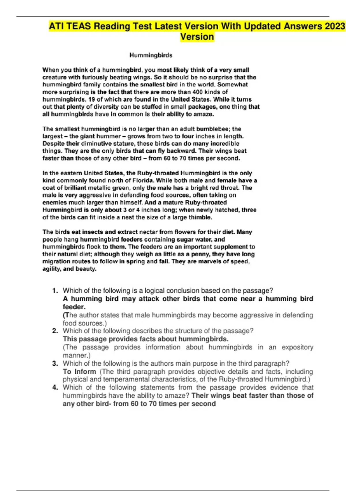 ATI TEAS Reading Test Latest Version With Updated Answers 2023 Version ...