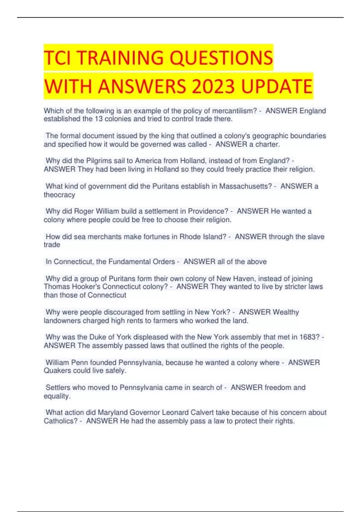 TCI TRAINING QUESTIONS WITH ANSWERS 2023 UPDATE - Tci - Stuvia US