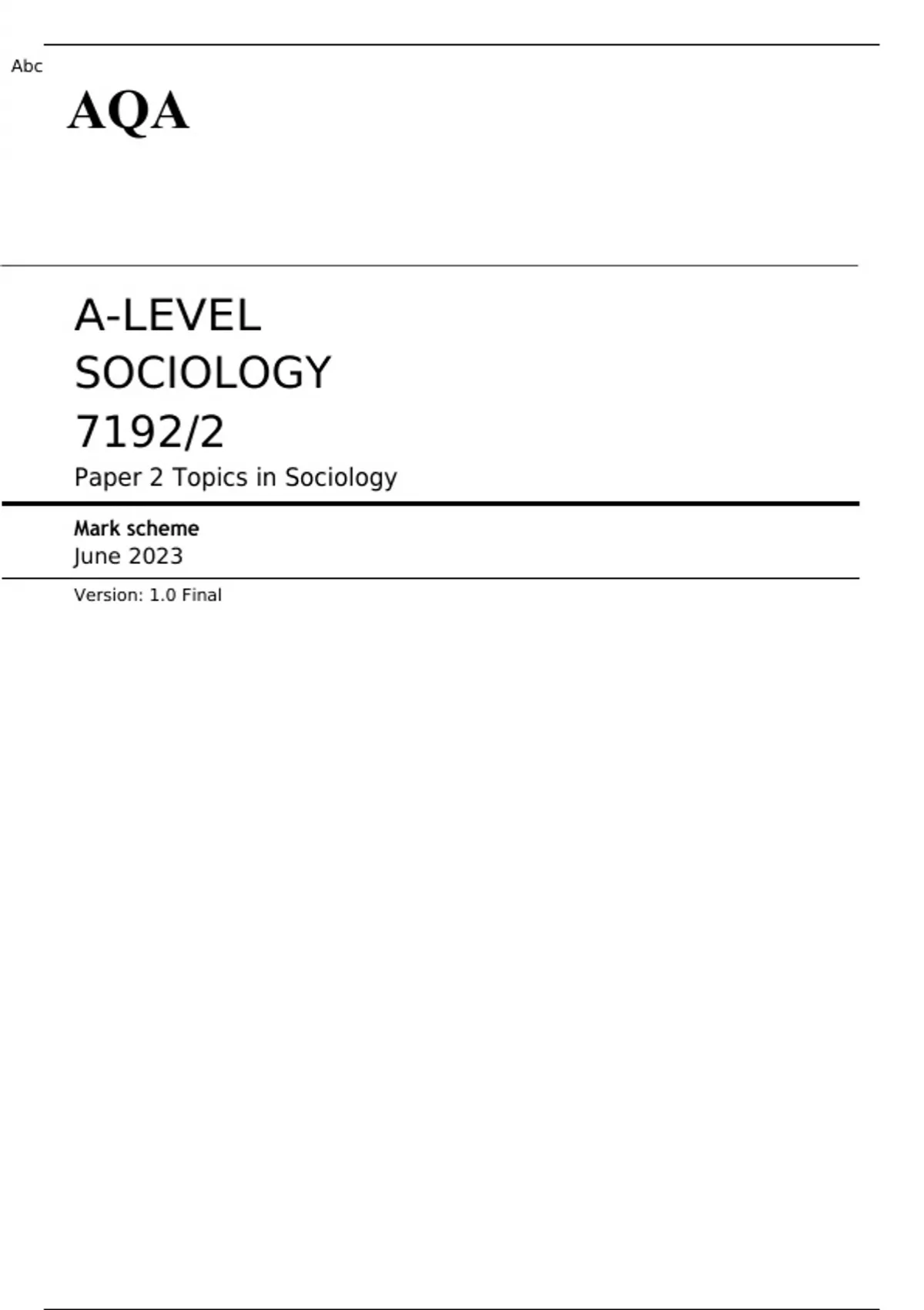 AQA A-LEVEL SOCIOLOGY Paper 2 JUNE 2023 MARK SCHEME: Topics in ...