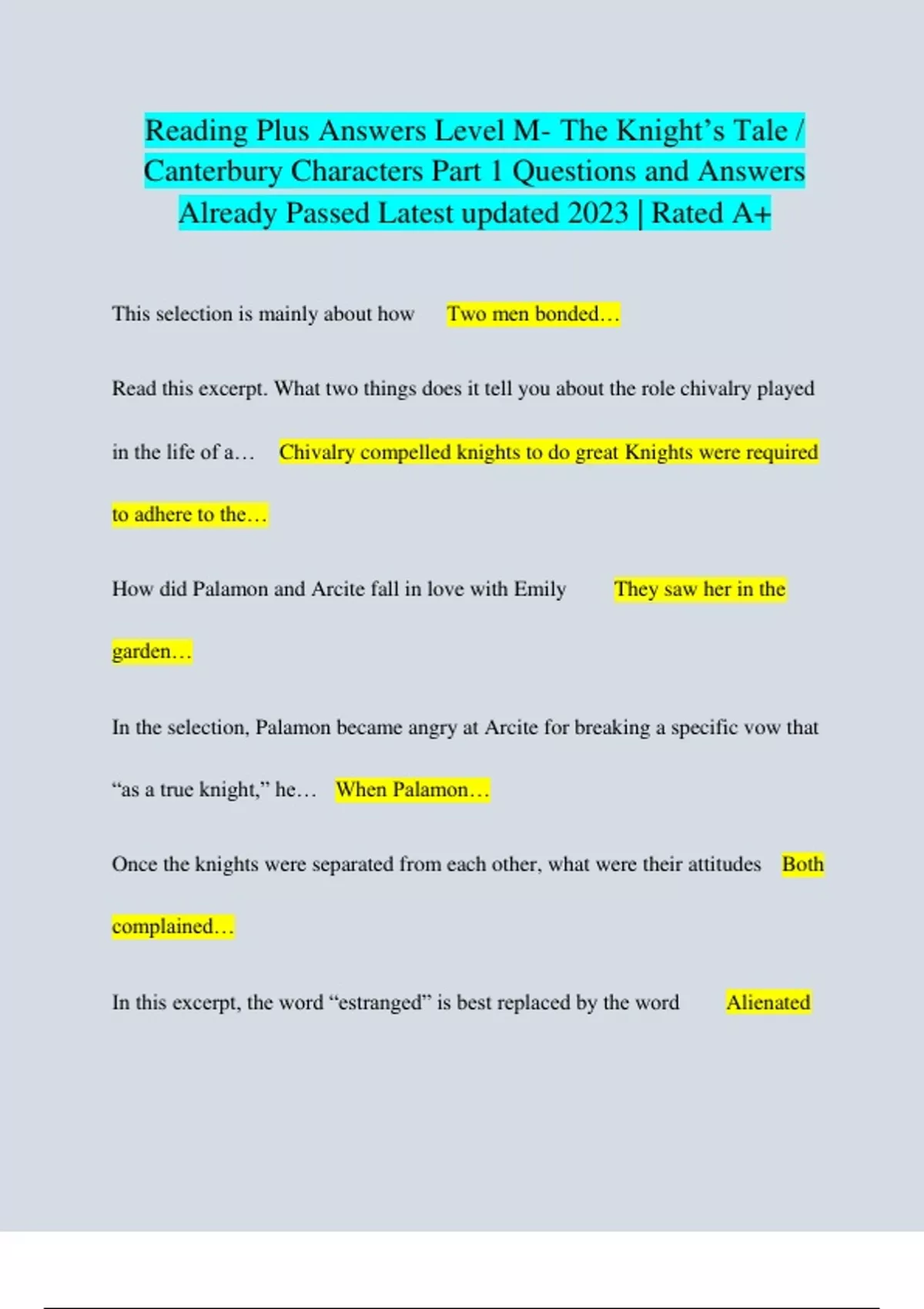 Reading Plus Answers Level M- The Knight’s Tale / Canterbury Characters ...