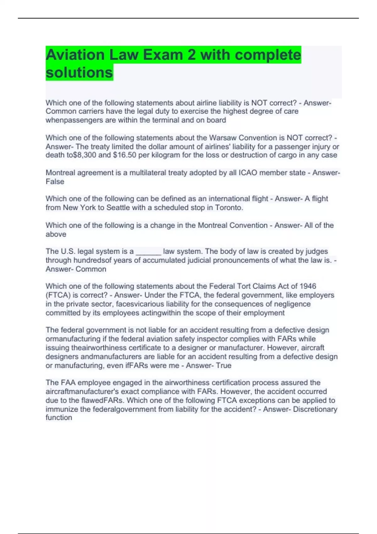 Aviation Law Exam 2 with complete solutions - Aviation Law - Stuvia US