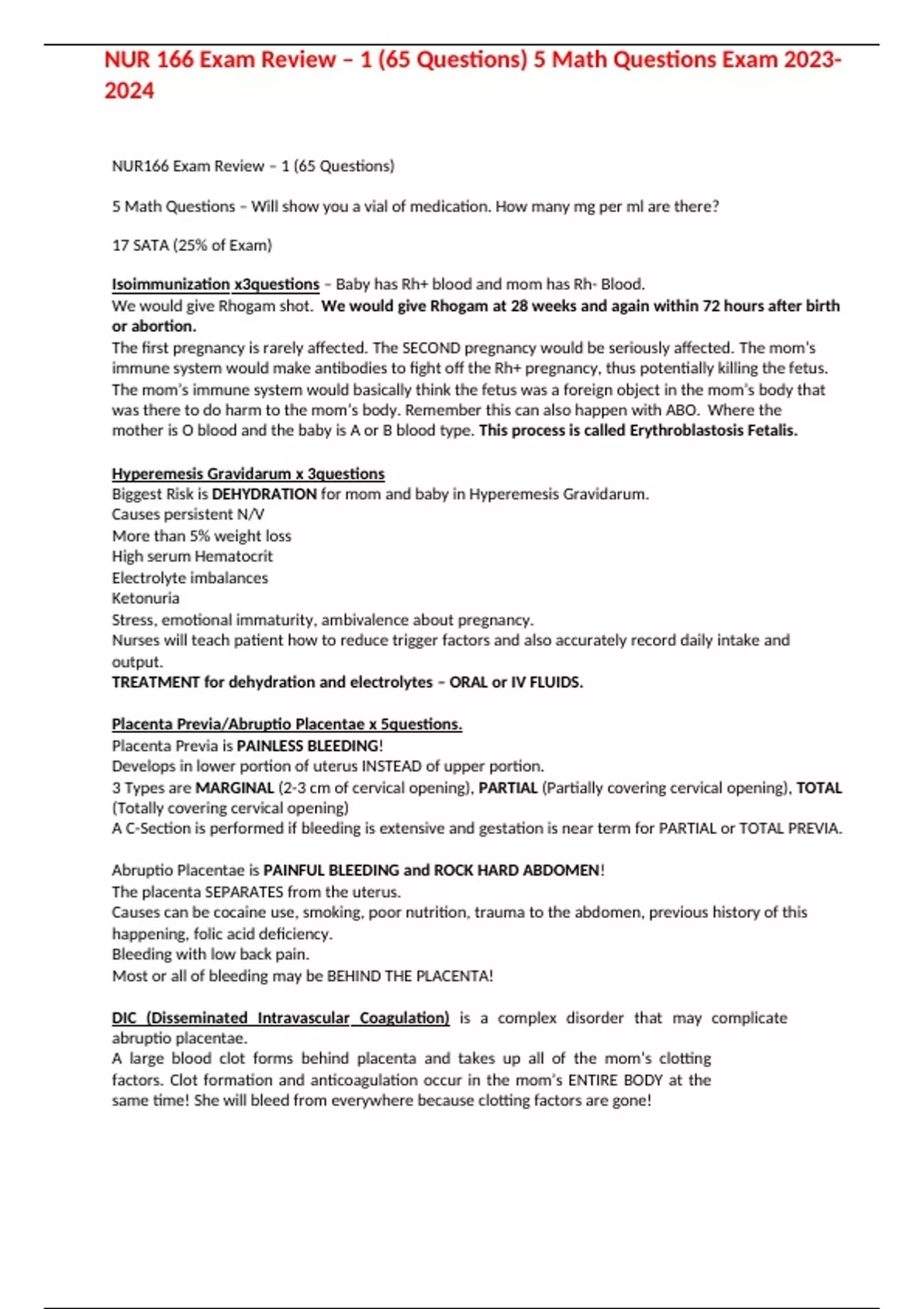 NUR 166 Exam Review – 1 (65 Questions) 5 Math Questions Exam - NUR 166 ...