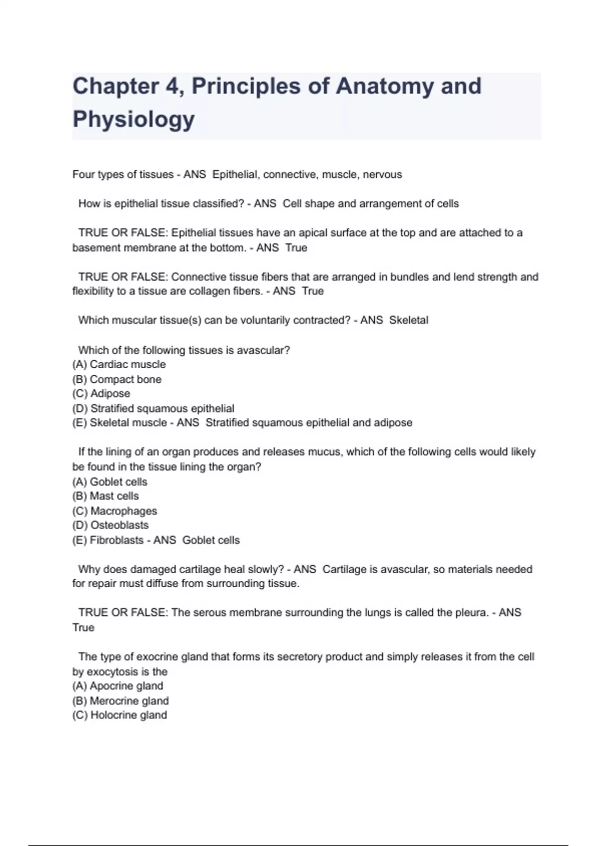 Chapter 4, Principles of Anatomy and Physiology Verified Questions and Answers - Anatomy and ...