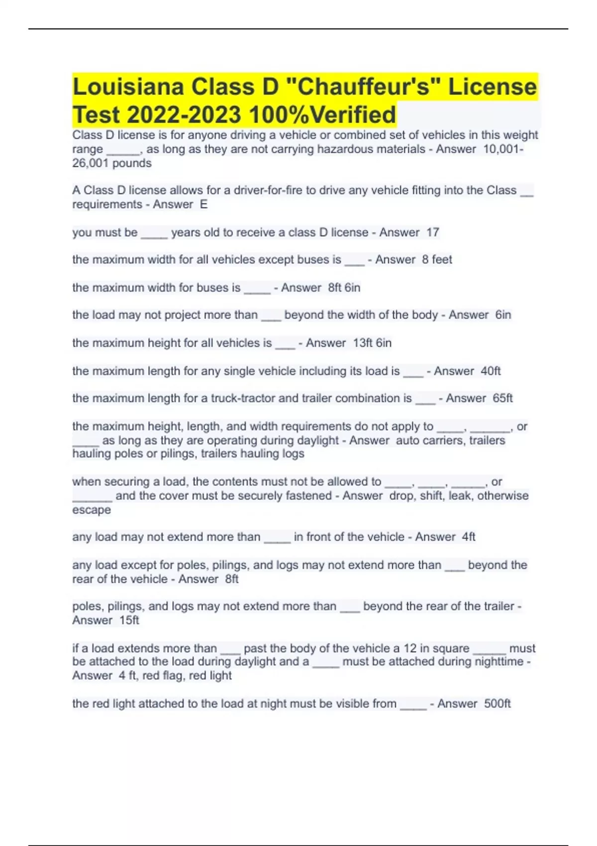 Louisiana Class D "Chauffeur's" License Test %Verified - DRIVERS ED DMV ...