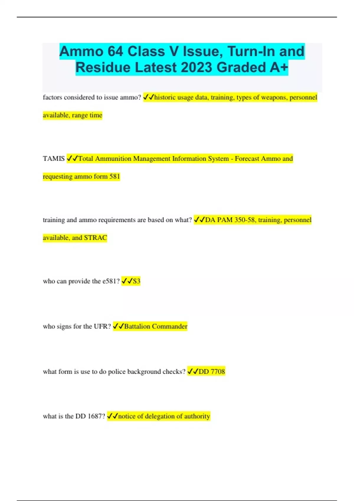 Ammo 64 Class V Issue, Turn-In and Residue Latest 2023 Graded A+ - Ammo ...