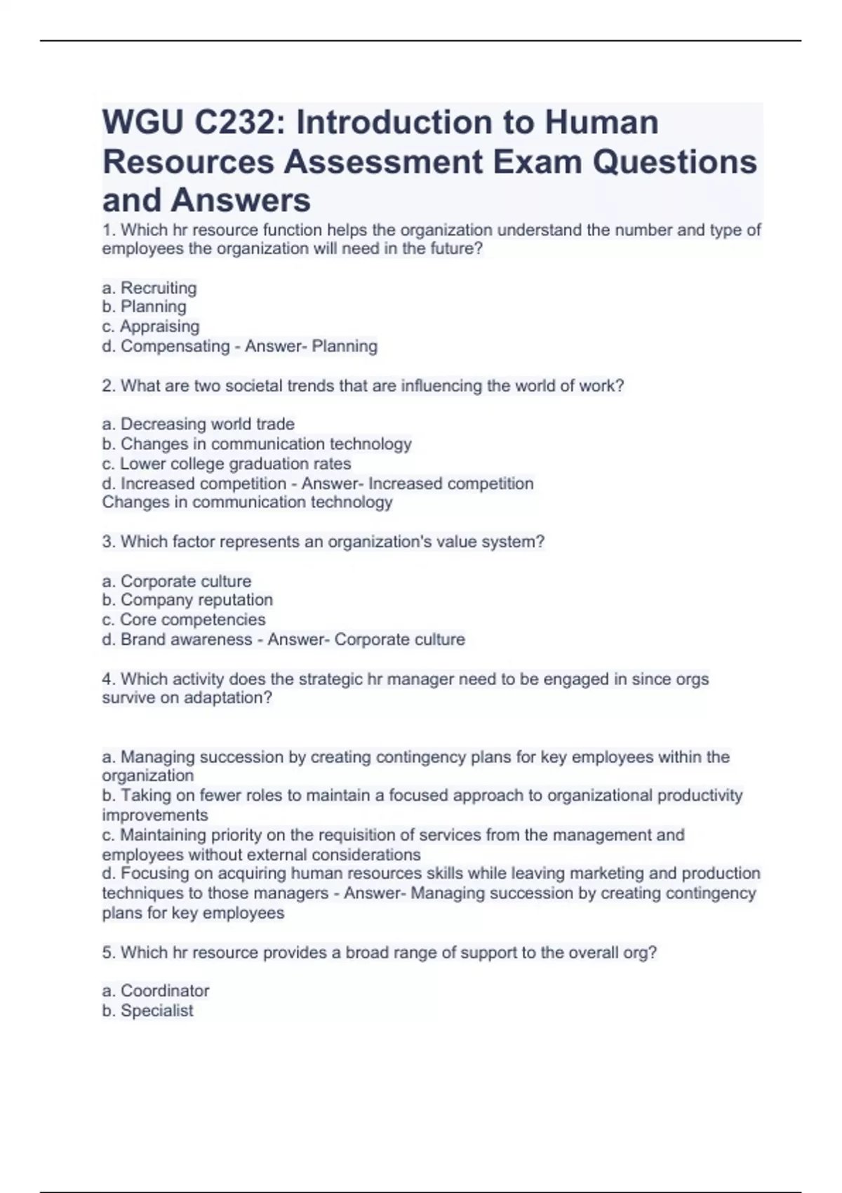 WGU C232: Introduction to Human Resources Assessment Exam Questions and Answers - WGU C232 ...