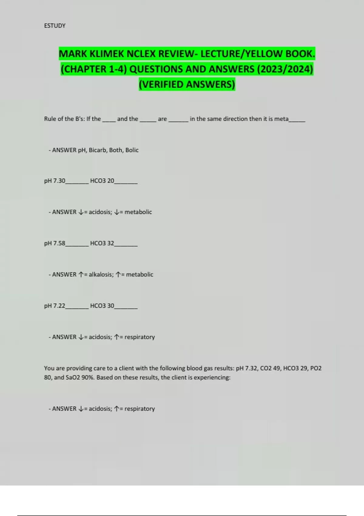 MARK KLIMEK NCLEX REVIEW- LECTURE/YELLOW BOOK. (CHAPTER 1-4) QUESTIONS AND ANSWERS (2023/2024 ...