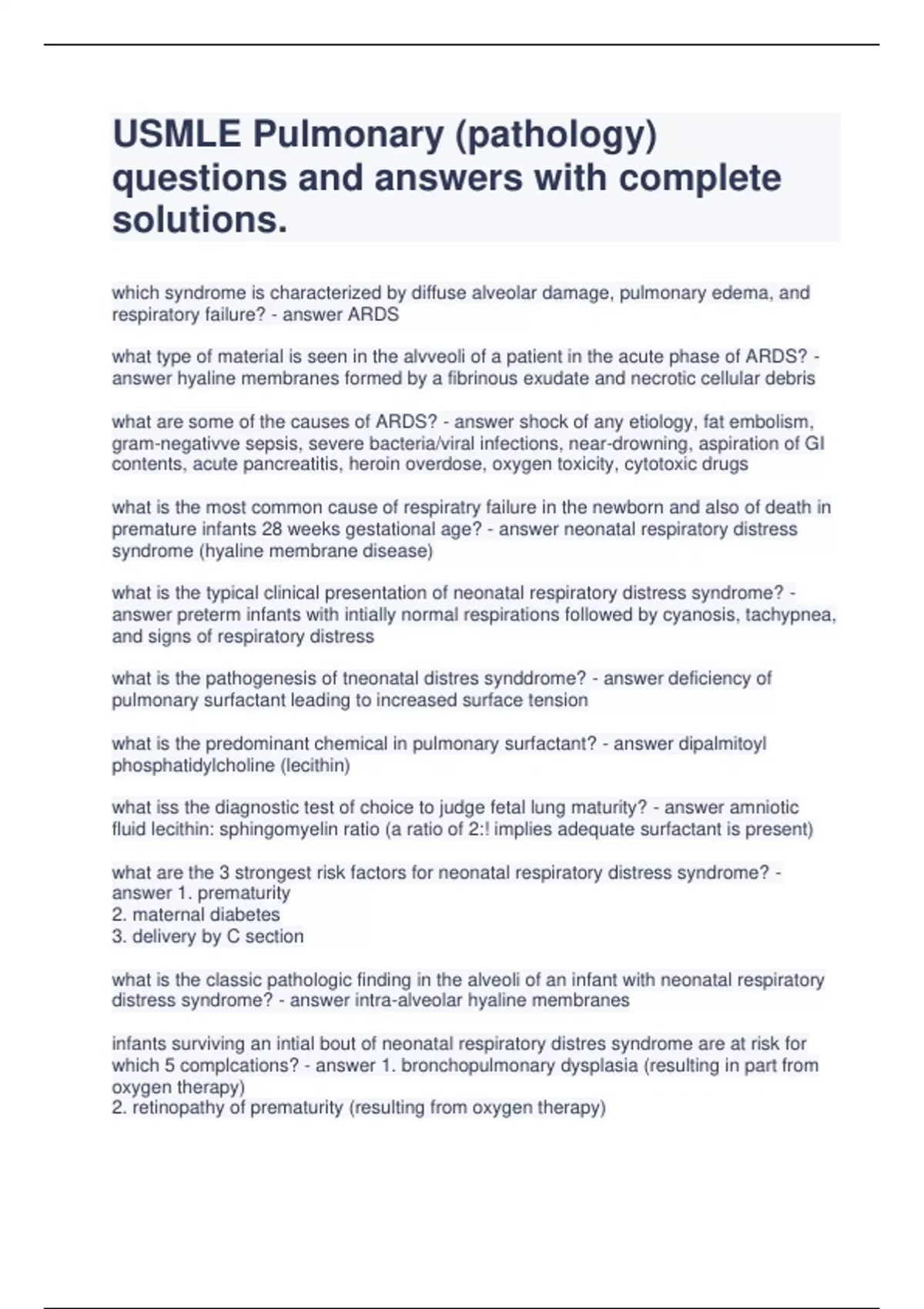 USMLE Pulmonary (pathology) questions and answers with complete ...