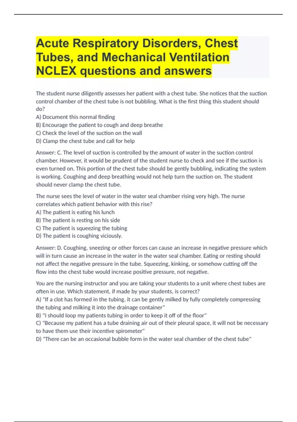 Acute Respiratory Disorders, Chest Tubes, and Mechanical Ventilation ...