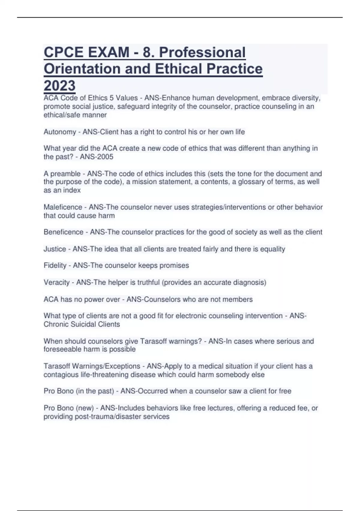 CPCE EXAM - 8. Professional Orientation and Ethical Practice 2023 ...