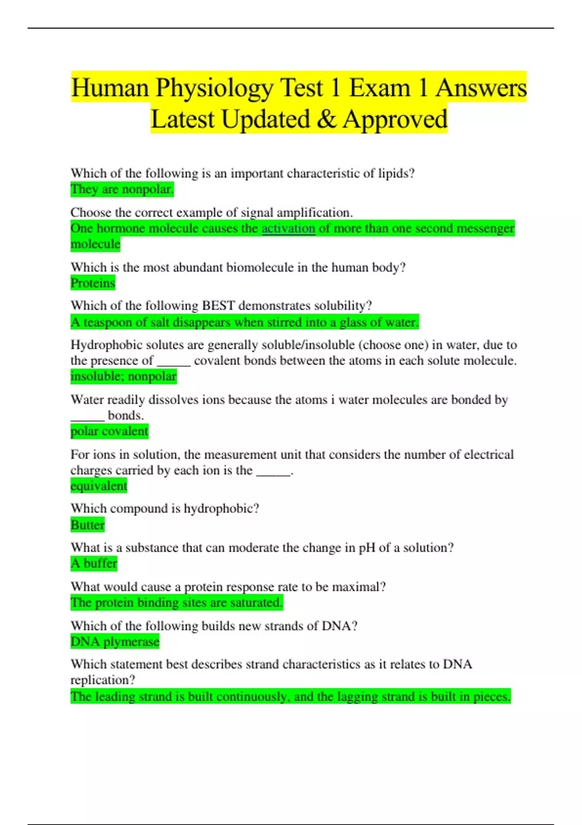 Human Physiology Test 1 Exam 1 Answers Latest Updated & Approved ...