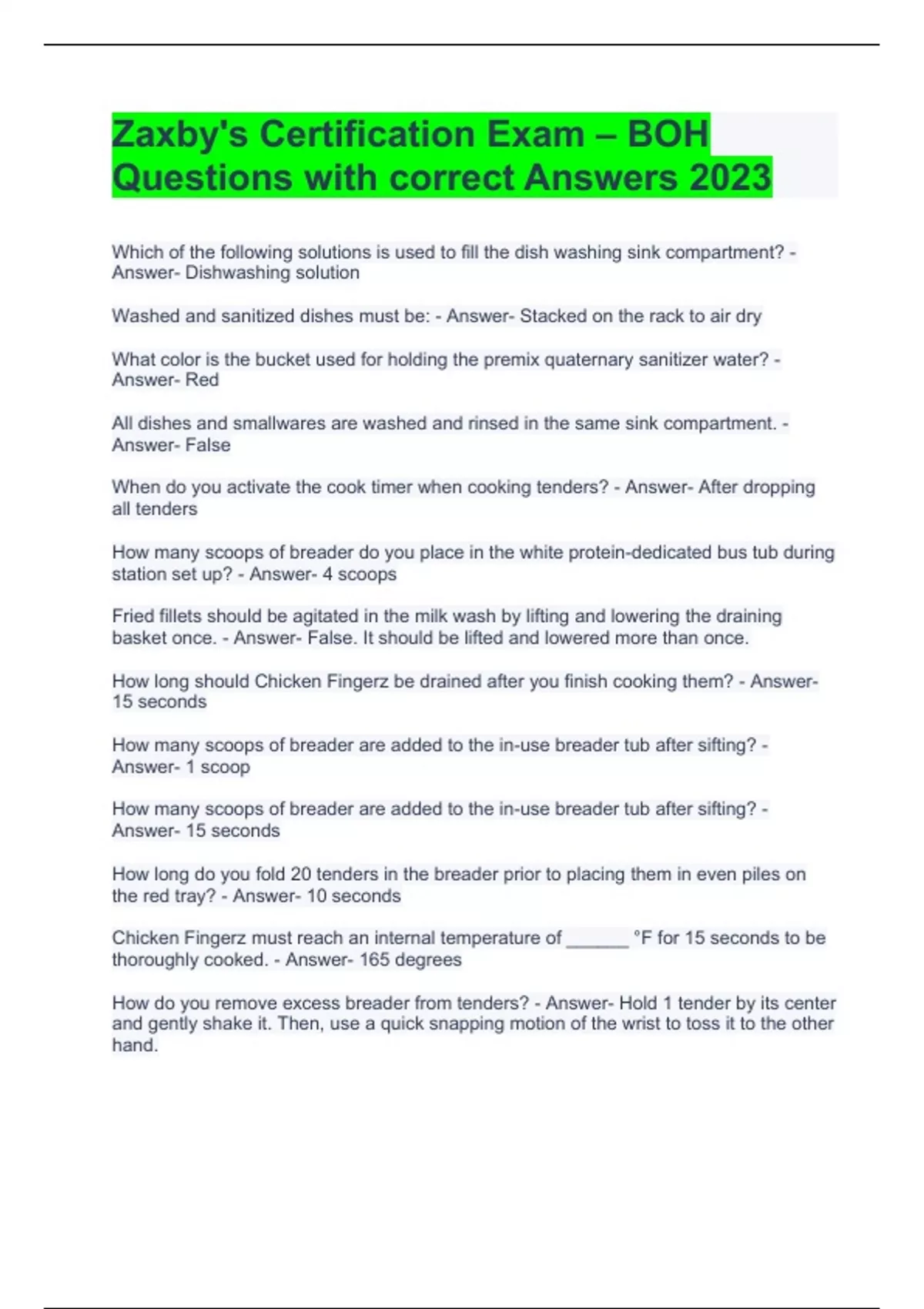 Zaxby's Certification Exam – BOH Questions with correct Answers 2023 - Zaxby\'s - Stuvia US