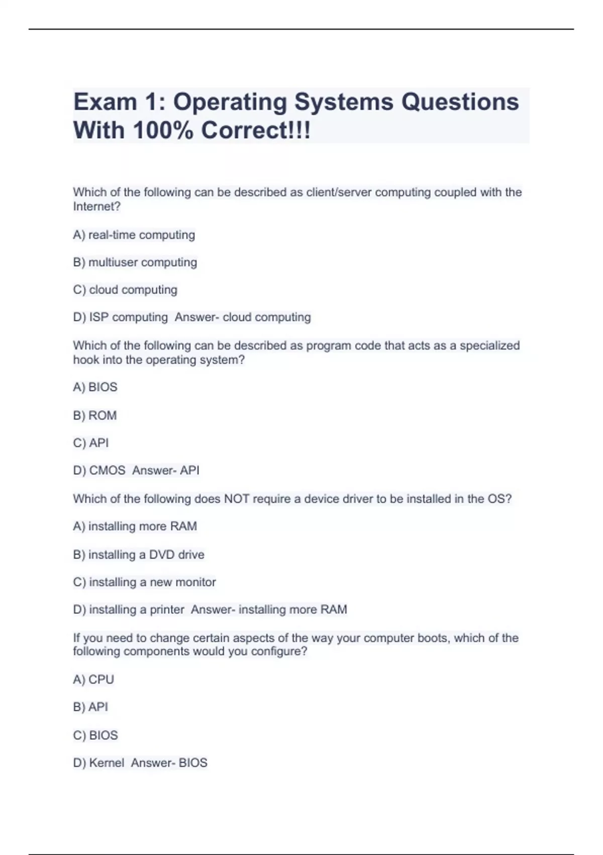 Exam 1: Operating Systems Questions With 100% Correct!!! - Operating ...