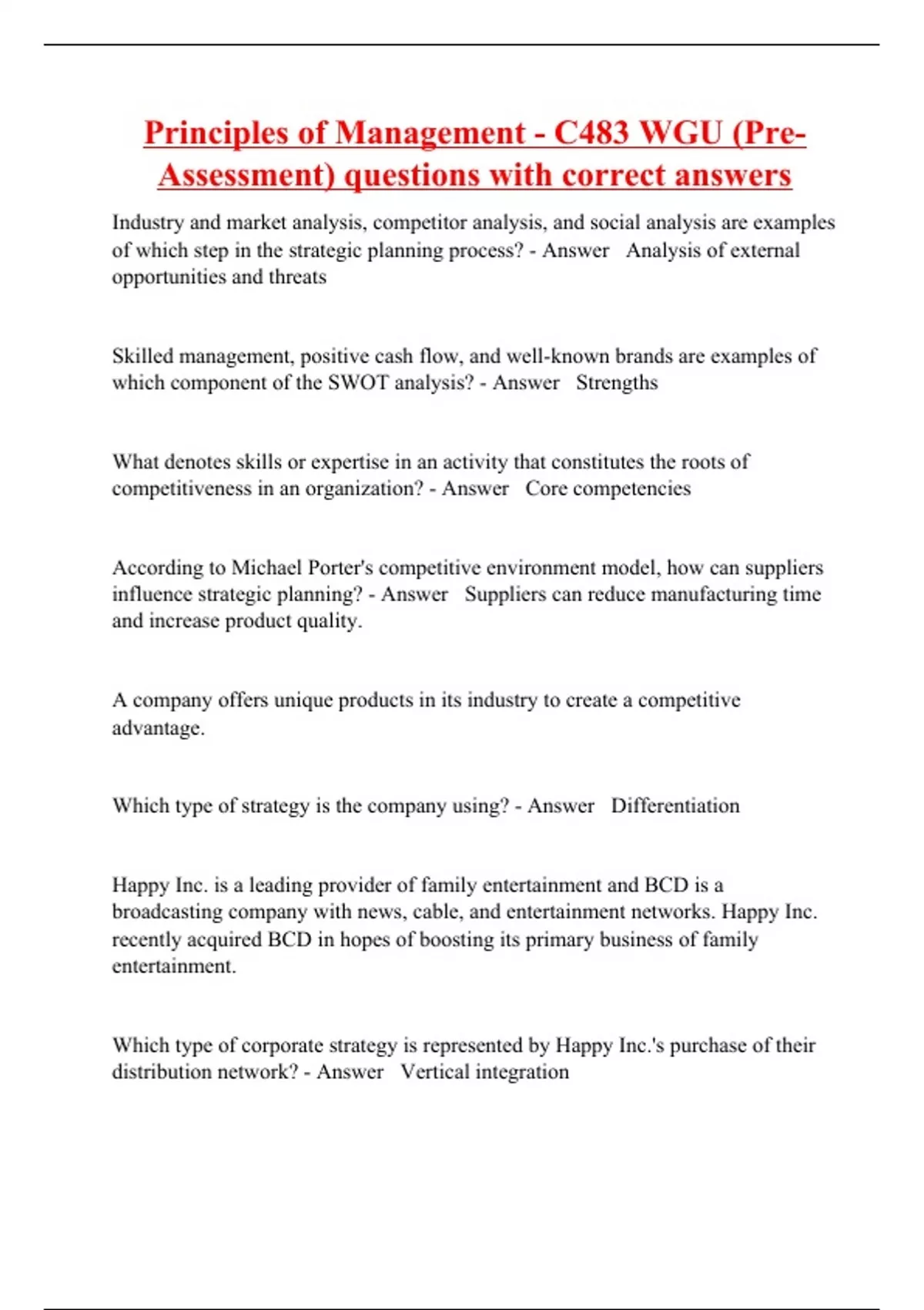 Principles of Management - C483 WGU (Pre-Assessment) questions with ...