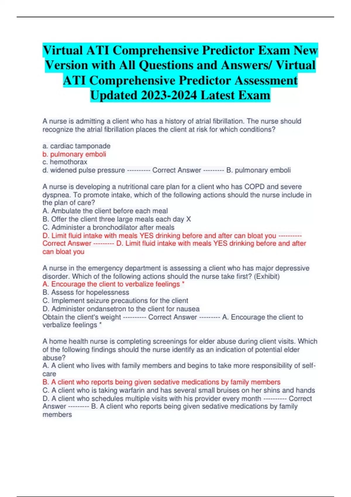 Virtual ATI Comprehensive Predictor Exam New Version with All Questions ...