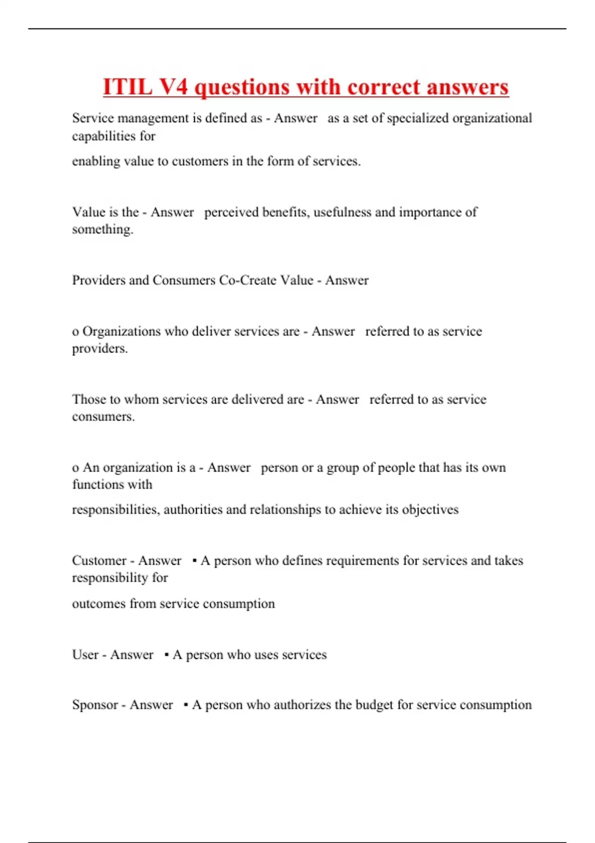 ITIL V4 questions with correct answers - ITIL - IT Infrastructure ...