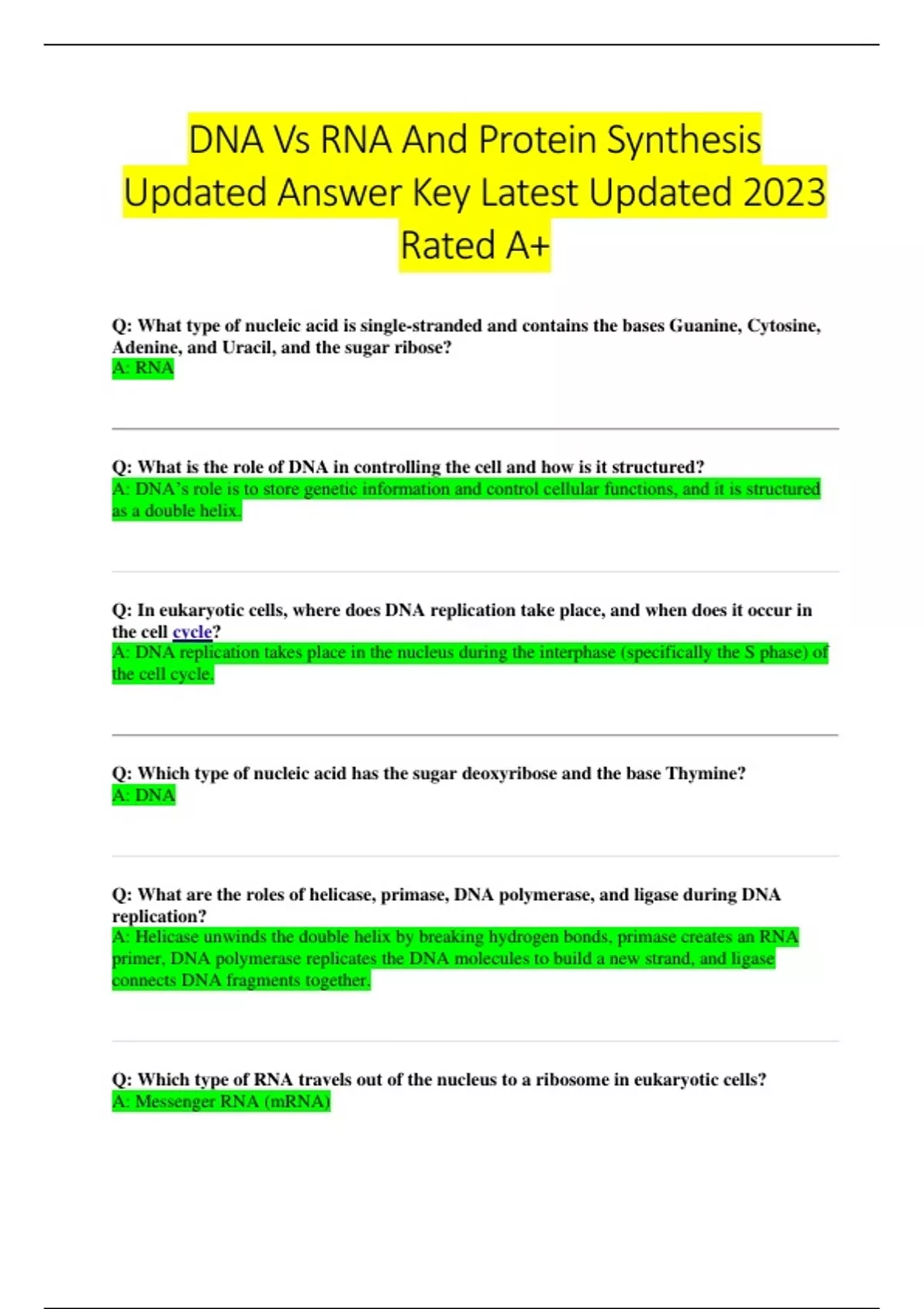 DNA Vs RNA And Protein Synthesis Updated Answer Key Latest Updated 2023 ...