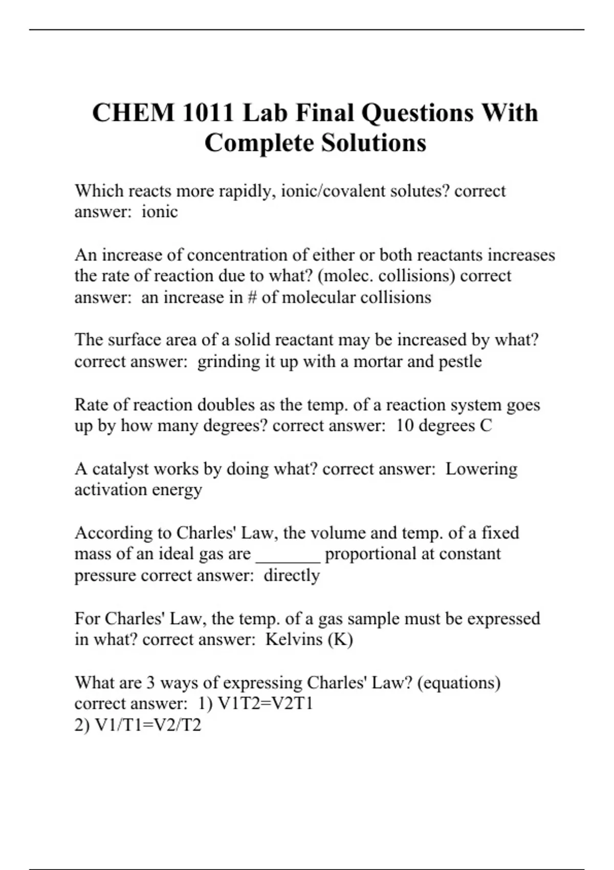 CHEM 1011 Lab Final Questions With Complete Solutions - UNE CHEM 1011 - Stuvia US