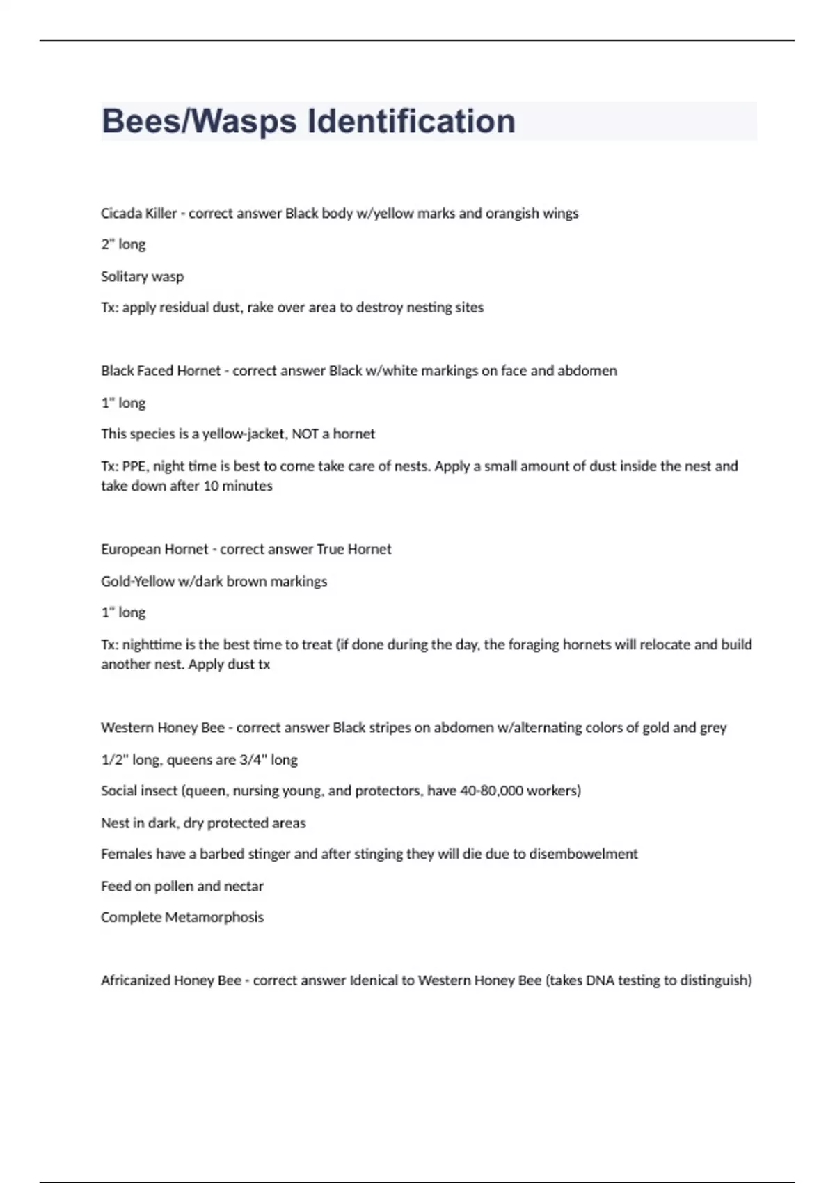 Bees Wasps Identification fully solved 2023 - Wasps - Stuvia US