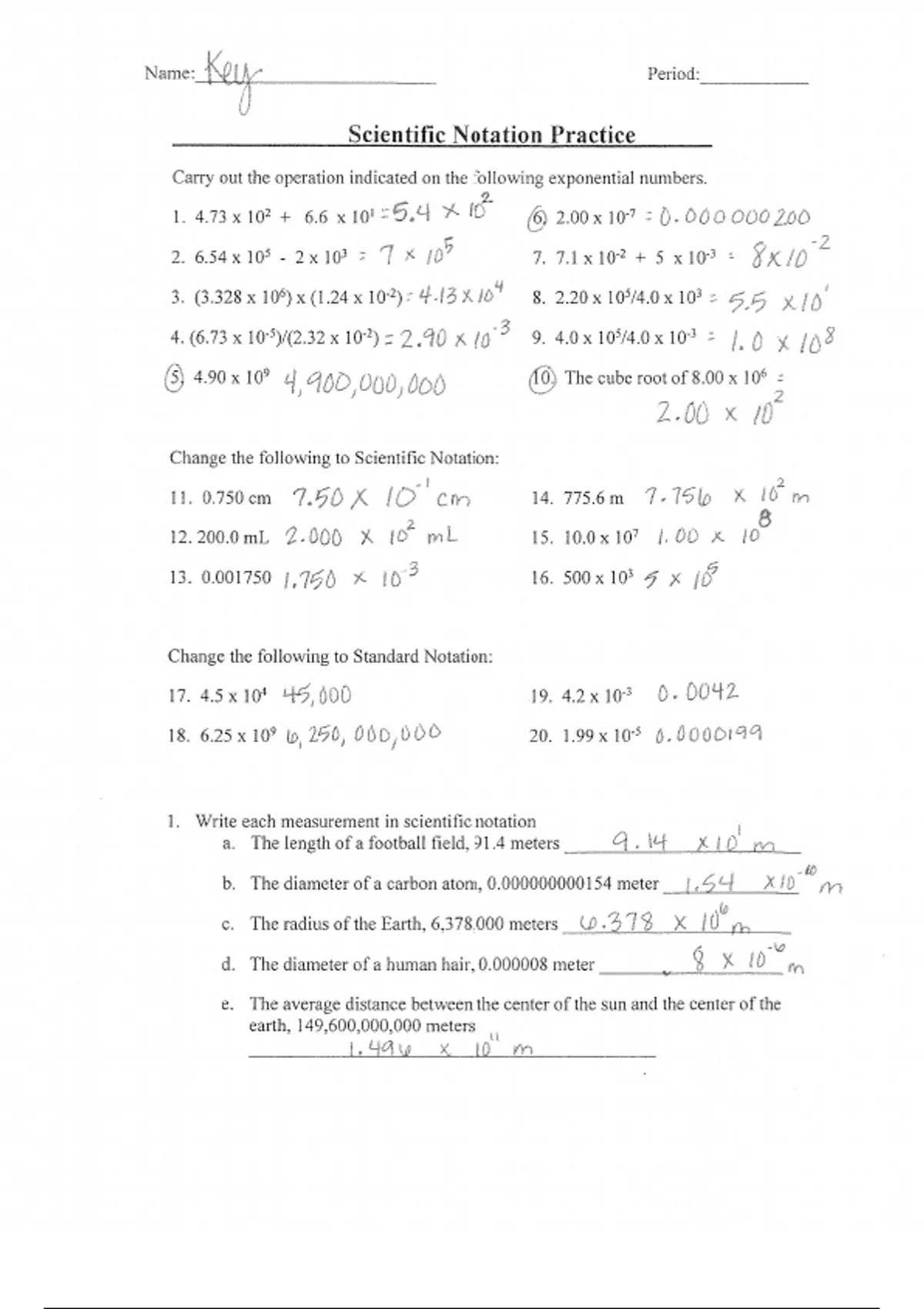 Scientific Notation Practice Key Chemistry Stuvia Us