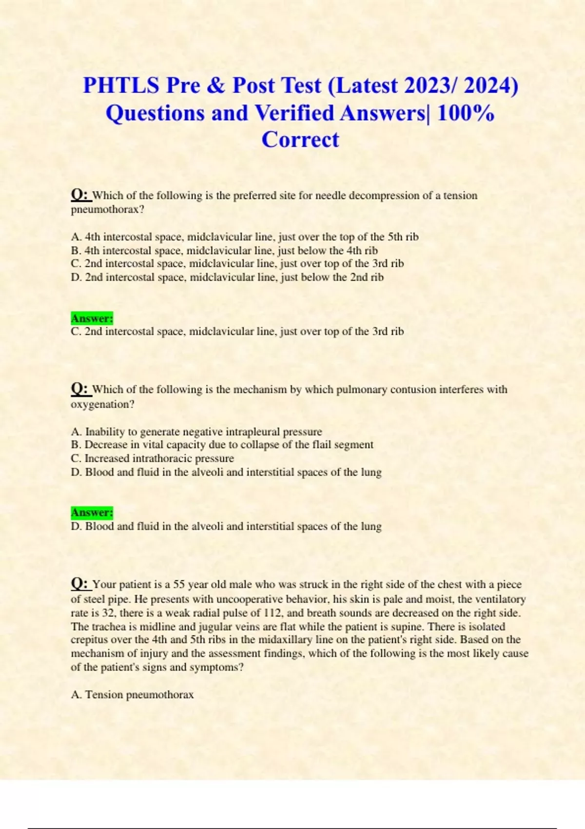 PHTLS Pre & Post Test (Latest 2023/ 2024) Questions and Verified ...