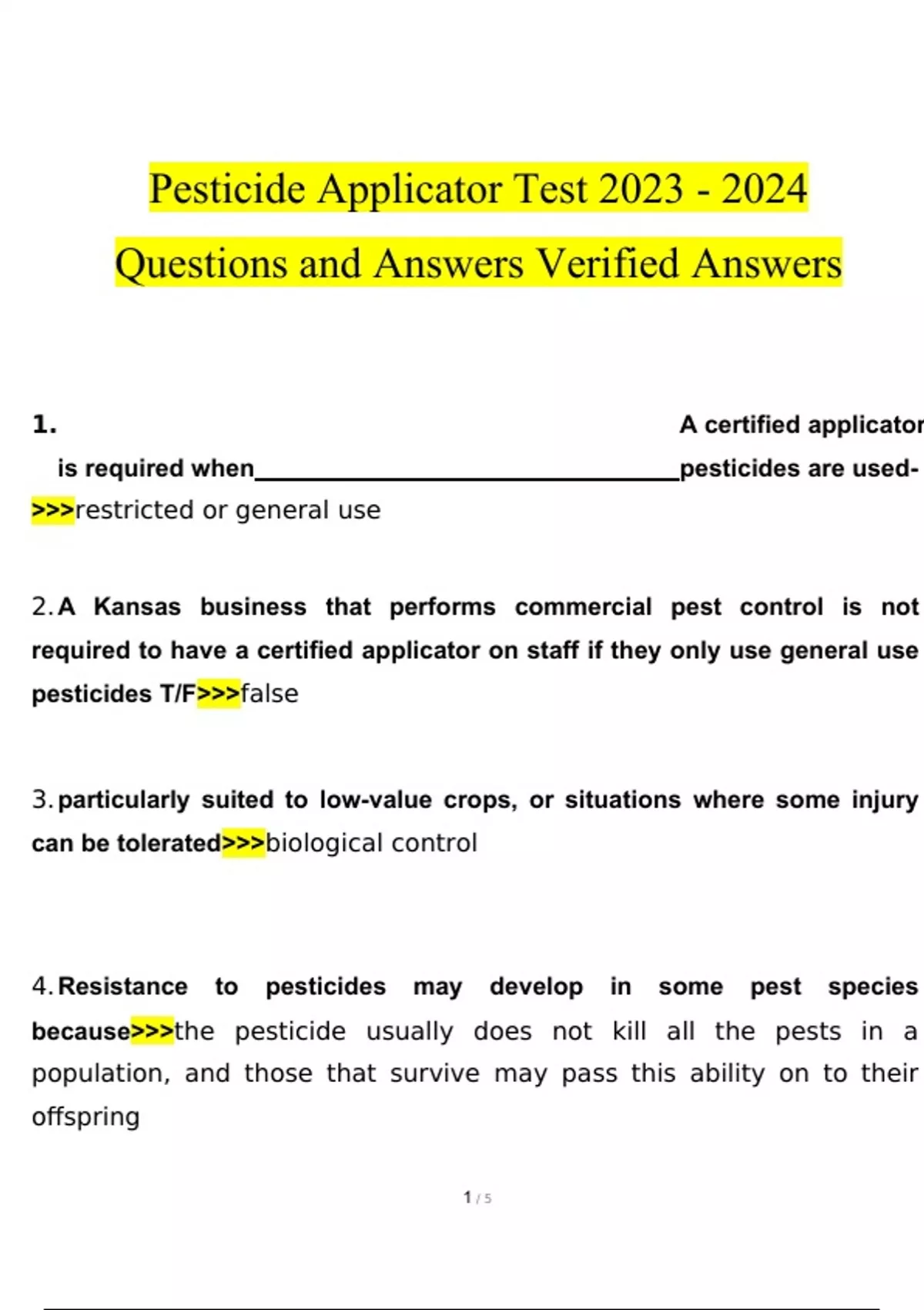Pesticide Applicators STUDY BUNDLE PACK SOLUTION (Questions and Answers ...