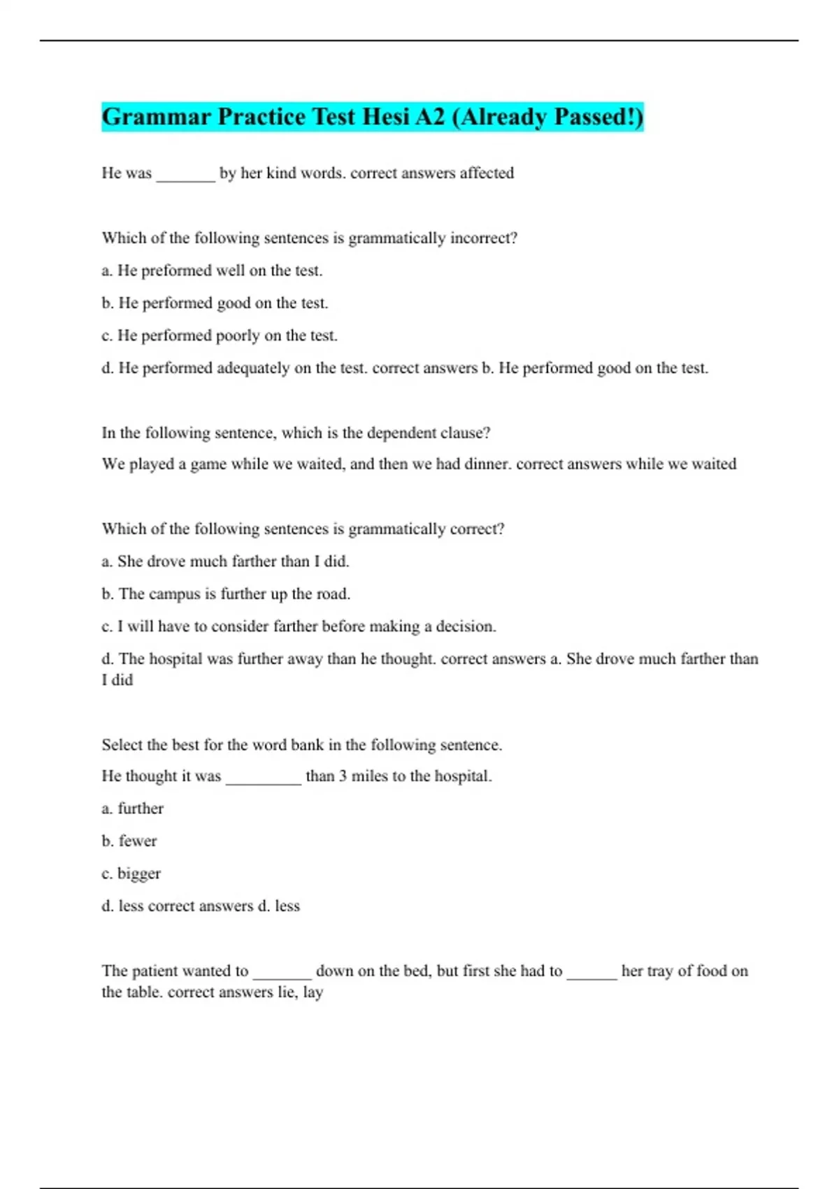 Grammar Practice Test Hesi A2 (Already Passed!) - Hesi A2 - Stuvia US
