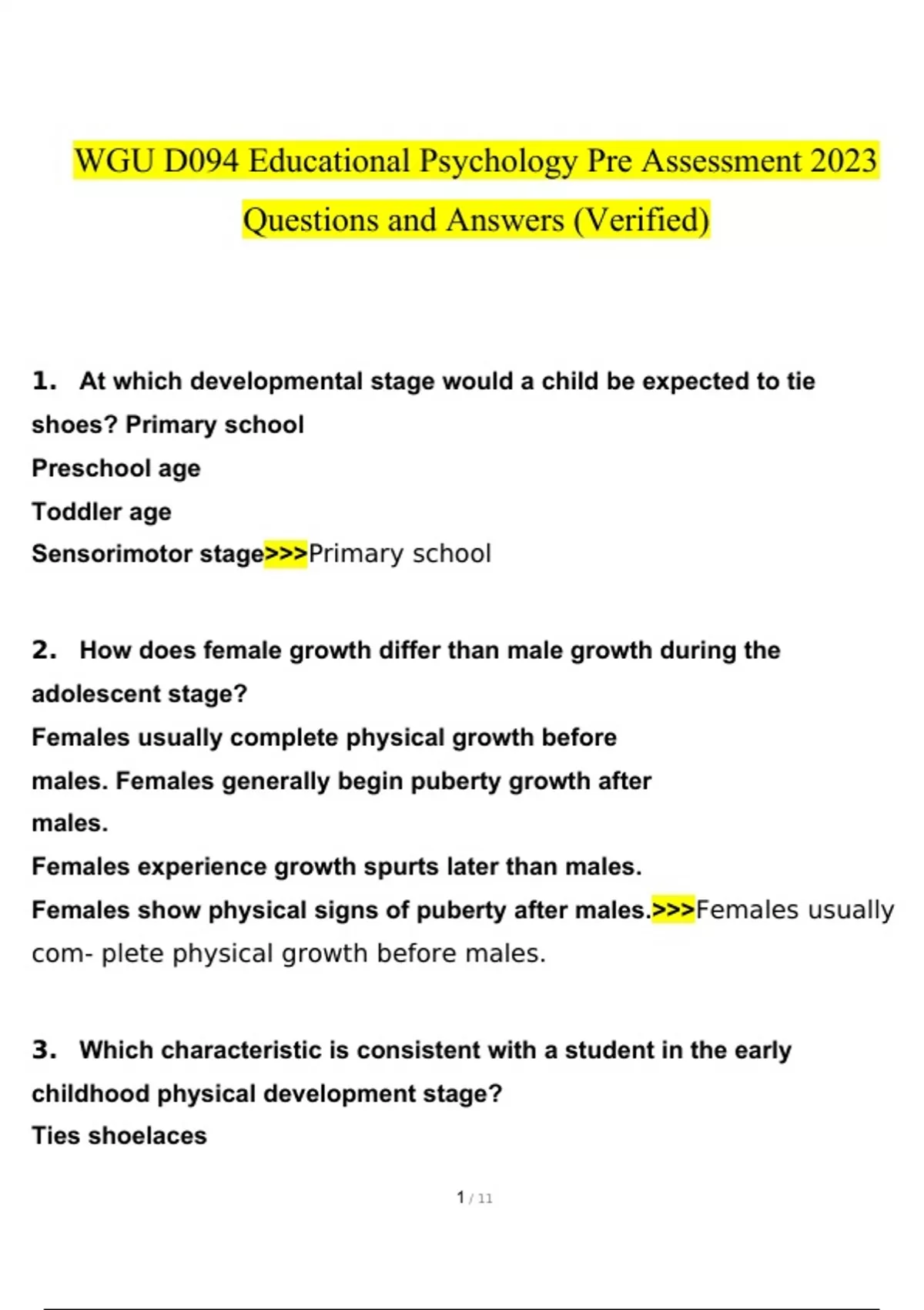 WGU D094 Educational Psychology Pre Assessment questions and answers ...